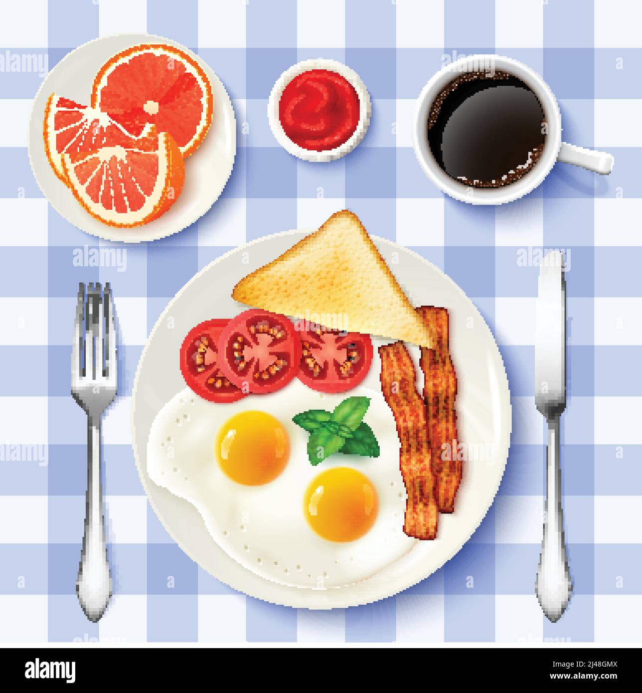 Traditional american breakfast with fried eggs bacon black coffee and ...