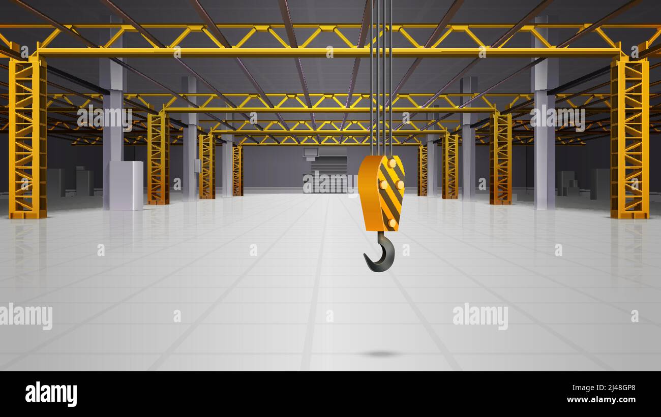 Warehouse interior realistic design with hook and loading equipment ...