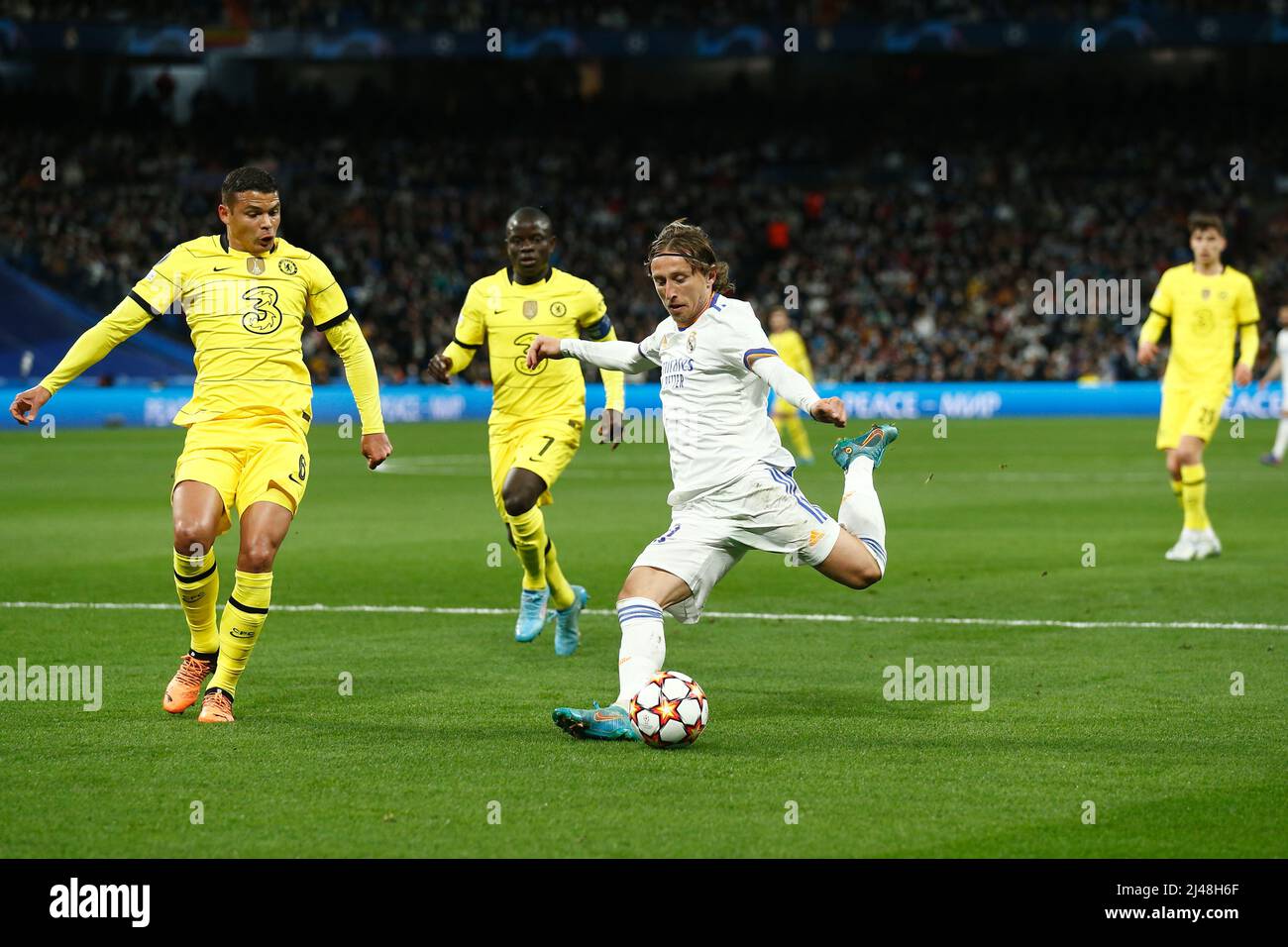 Madrid, Spain. 12th Apr, 2022. (L-R) Thiago Silva (chelsea), Luka ...