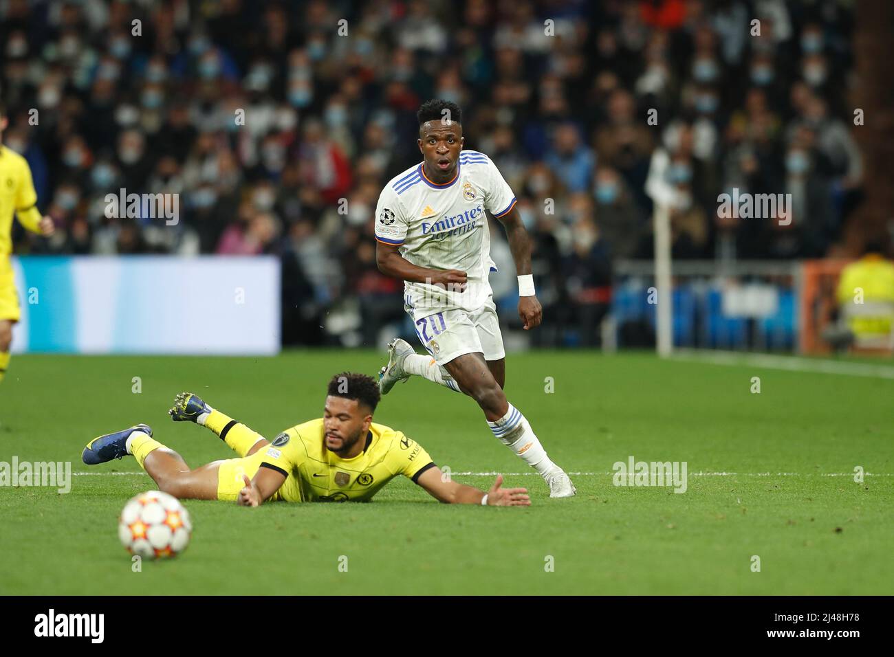 Madrid, Spain. 12th Apr, 2022. (L-R) Reece James (Chelsea), Vinicius Junior (Real) Football ...