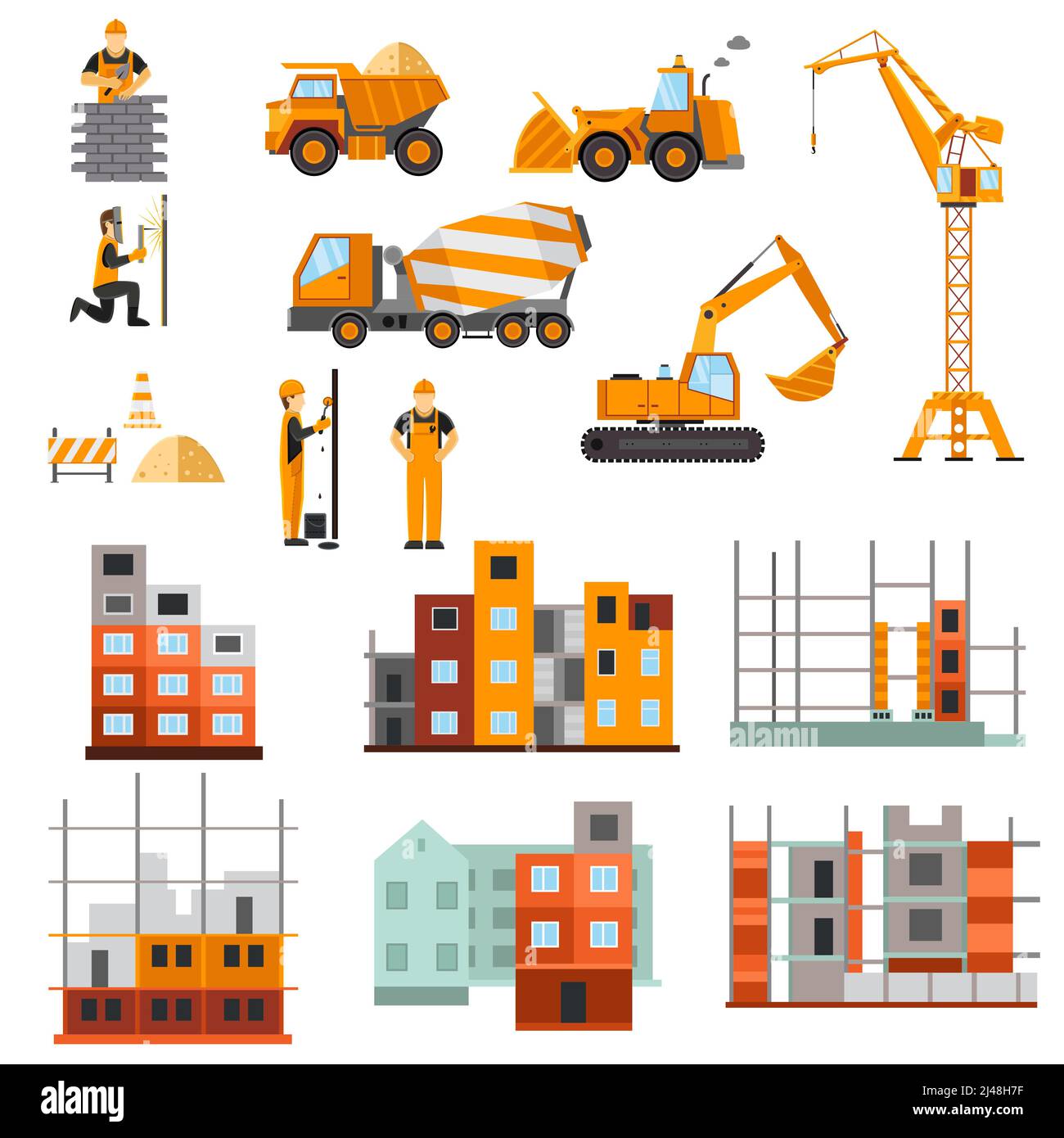 Construction machines builders and house building process decorative ...