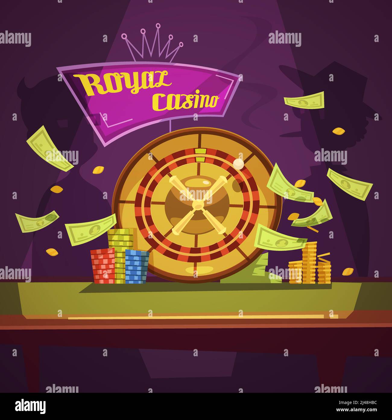 Royal casino with roulette chips money and two players retro cartoon ...