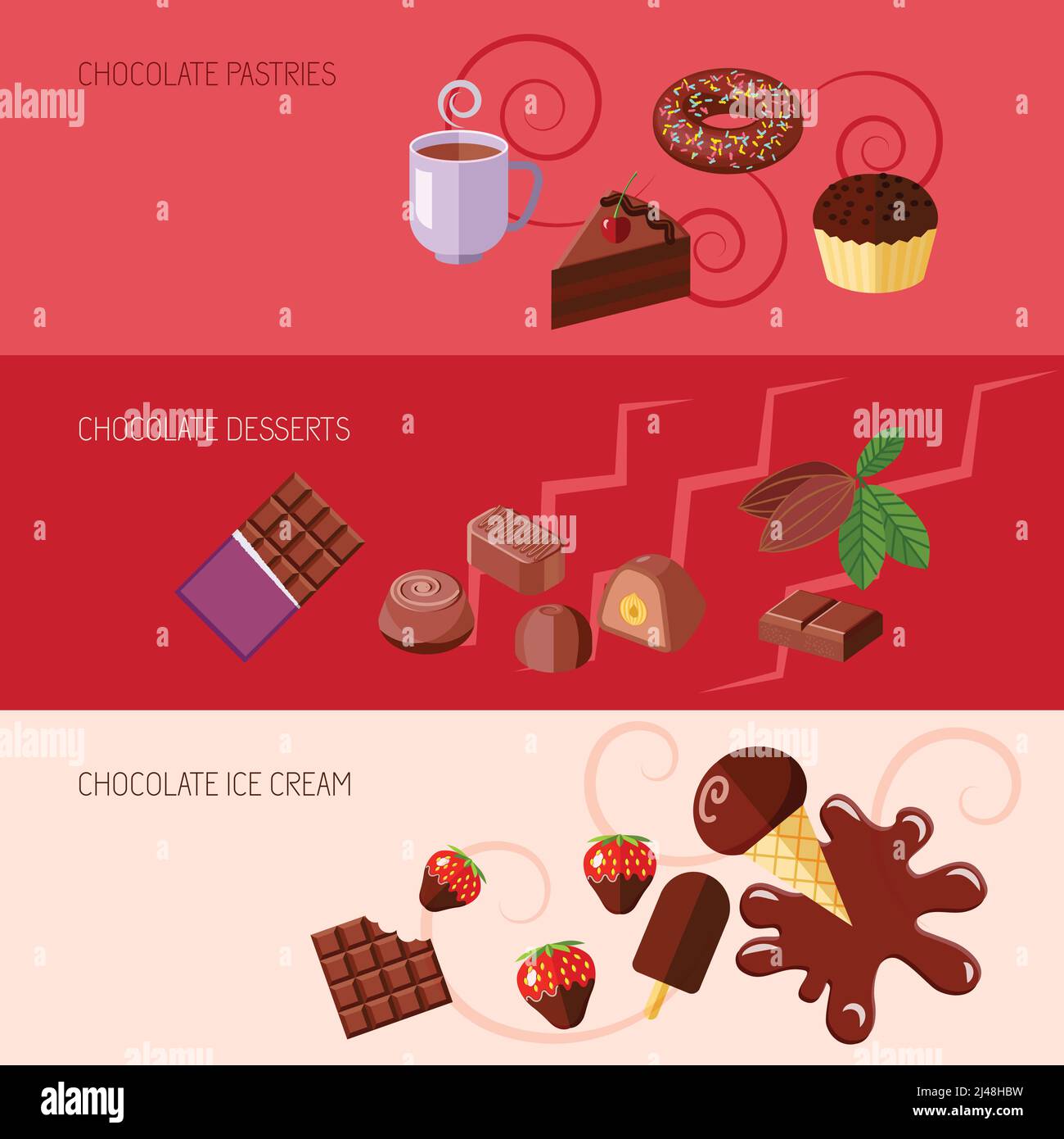 Chocolate flat banners set with pastries desserts ice cream isolated ...