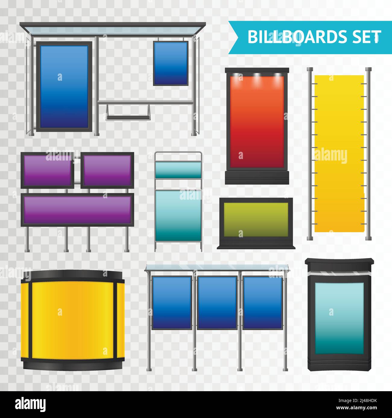 Colorful promotional billboards set with various displays and boxes ...