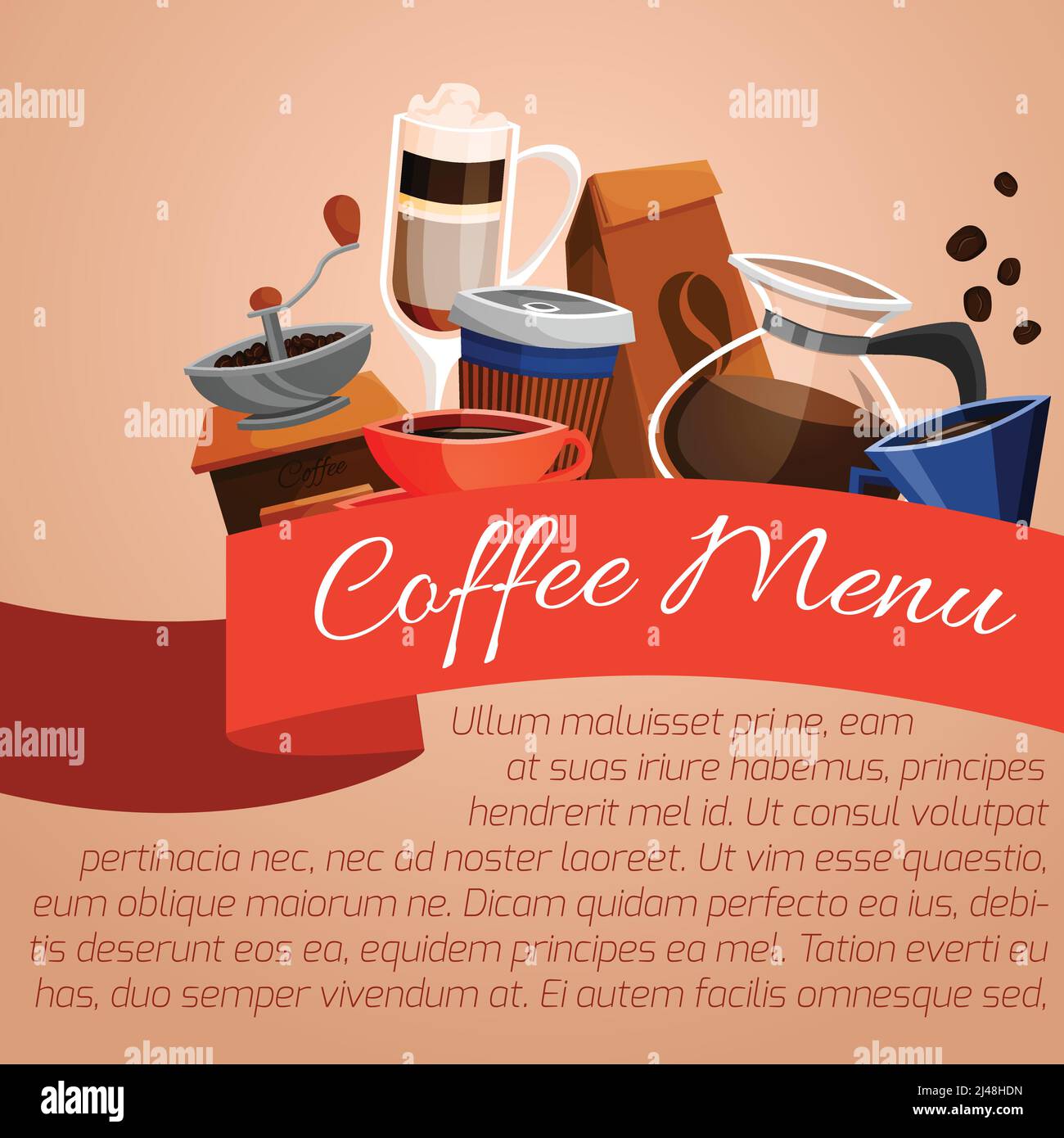 Coffee menu poster with cup mug coffee-bulb beans grinder vector ...