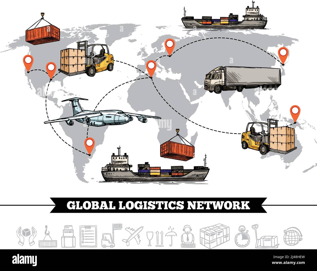 World logistic network template with various types of transportation ...