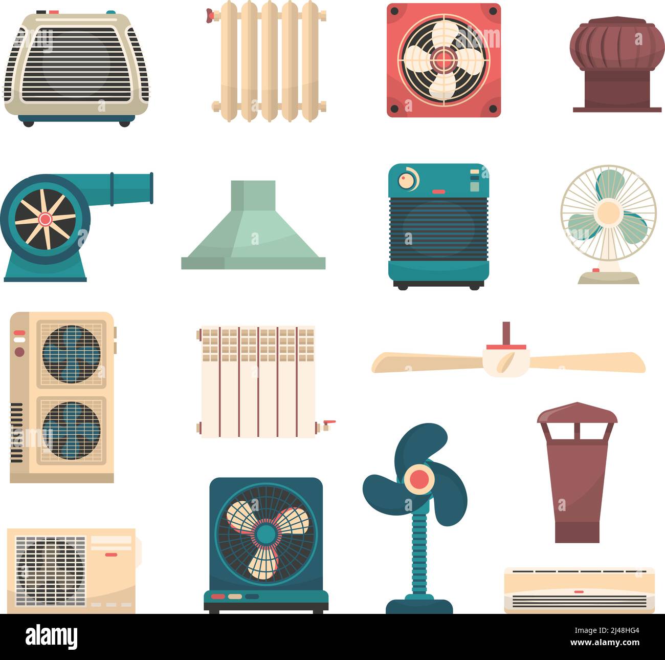 Colorful flat set of ventilation conditioning and heating system ...