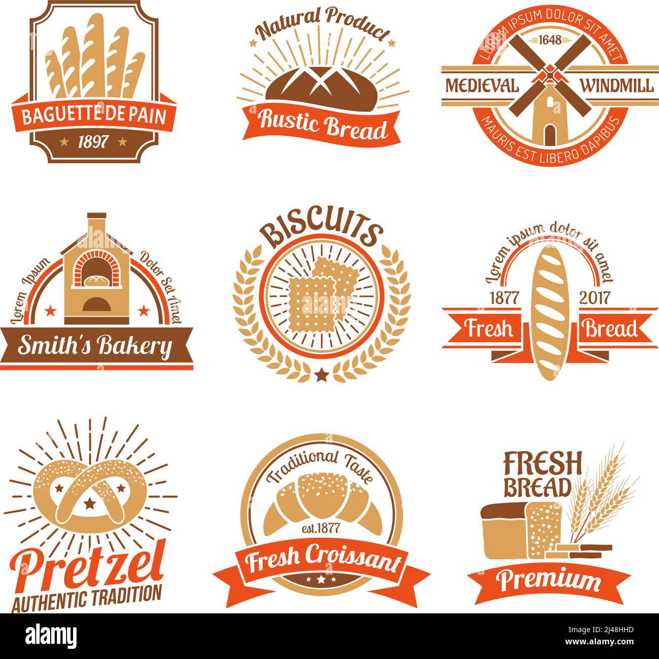 Flat set of logos and emblems for bakery with baked goods isolated on ...