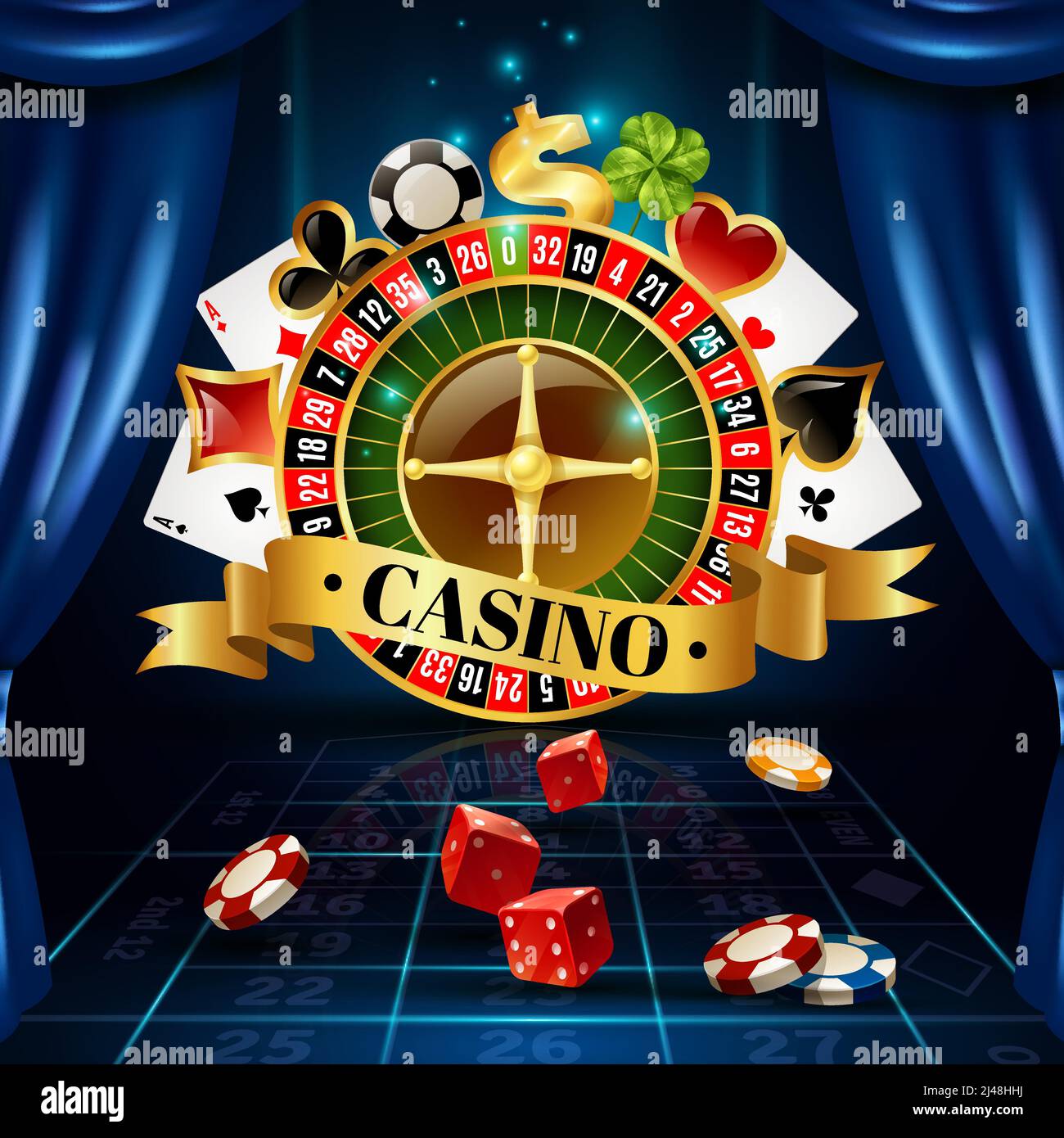 Casino night games roulette wheel circle composition with four-leaf ...