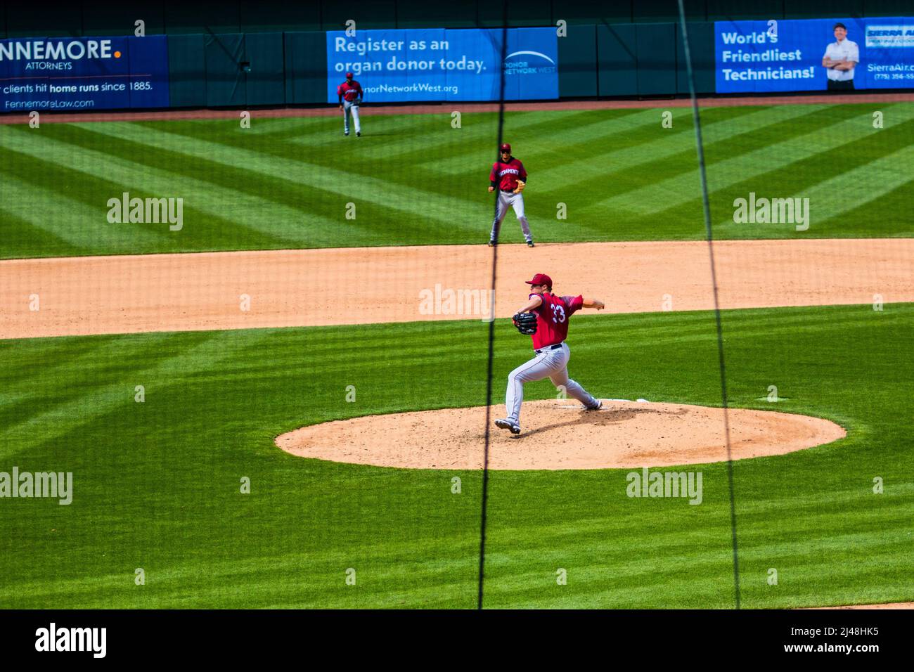 Corey Oswalt #33 pitcher plays against the Reno Aces during the opening ...
