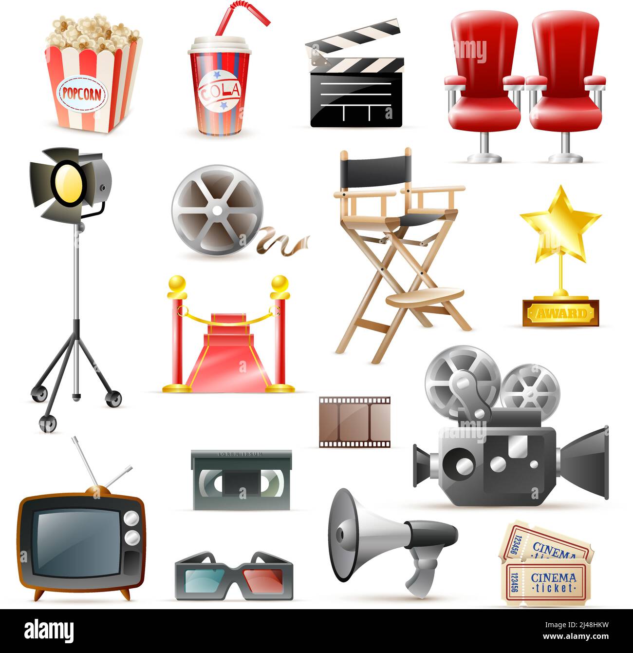 Retro cinema film making and movies festivals accessories icons set ...