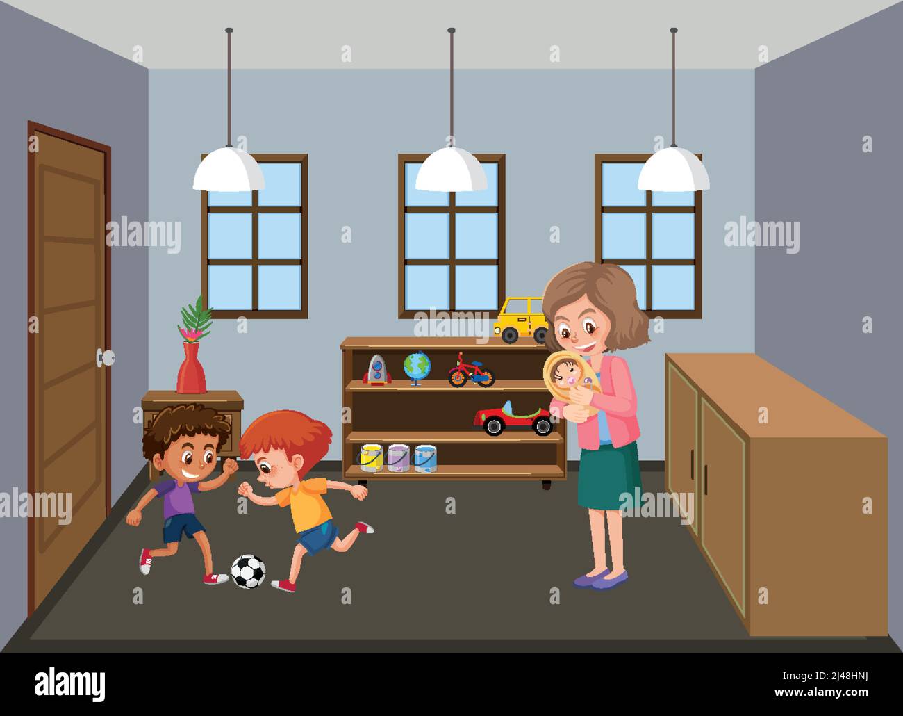 Living room scene with family members in cartoon style illustration ...