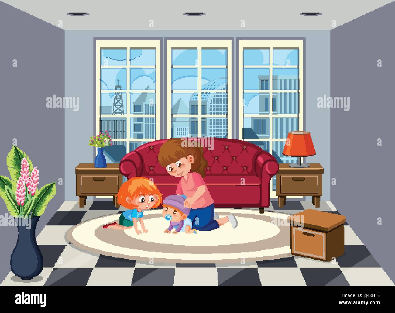 Living room scene with children cartoon character illustration Stock ...