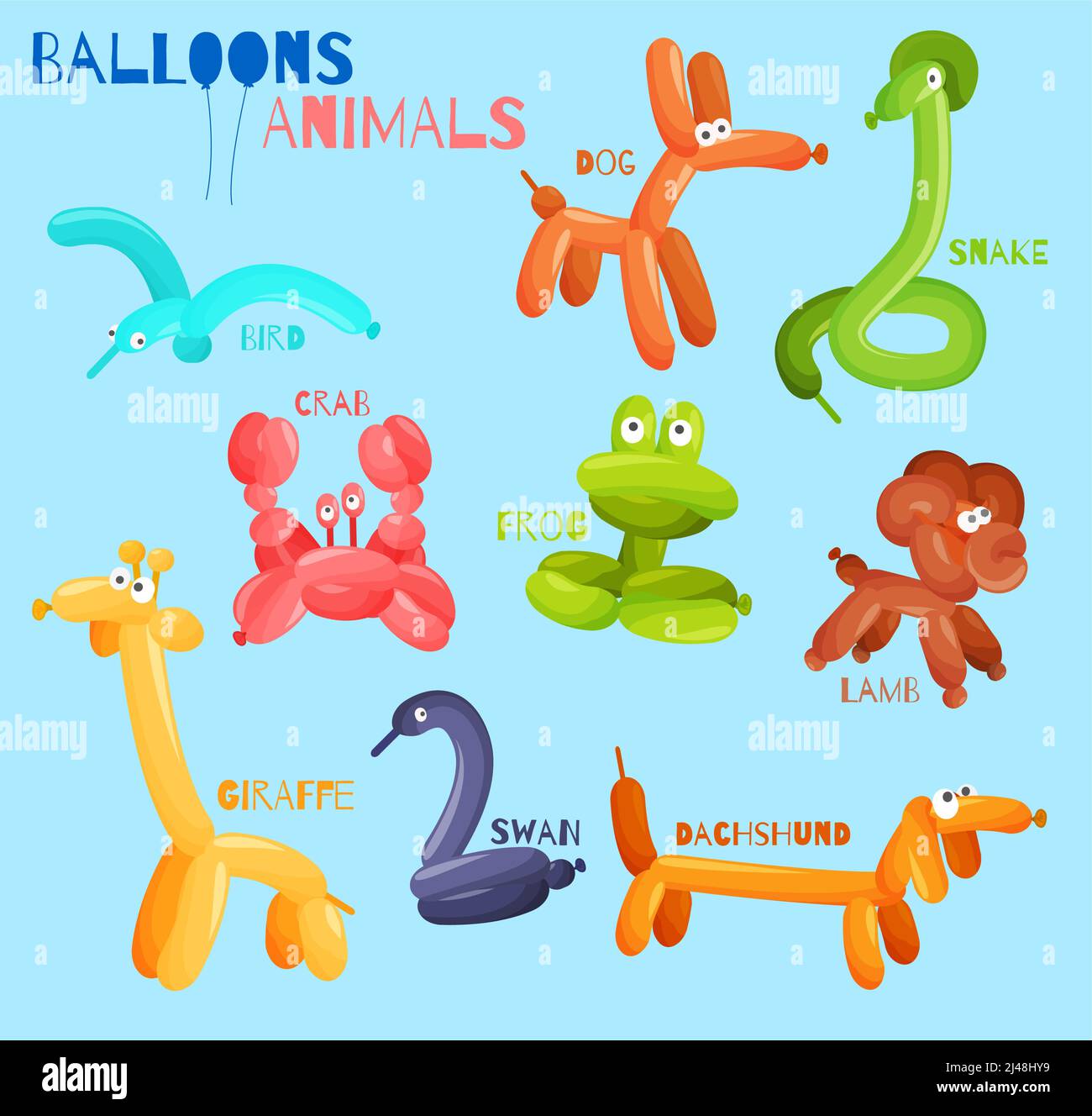 Balloon animals set with dog crab snake bird isolated vector ...