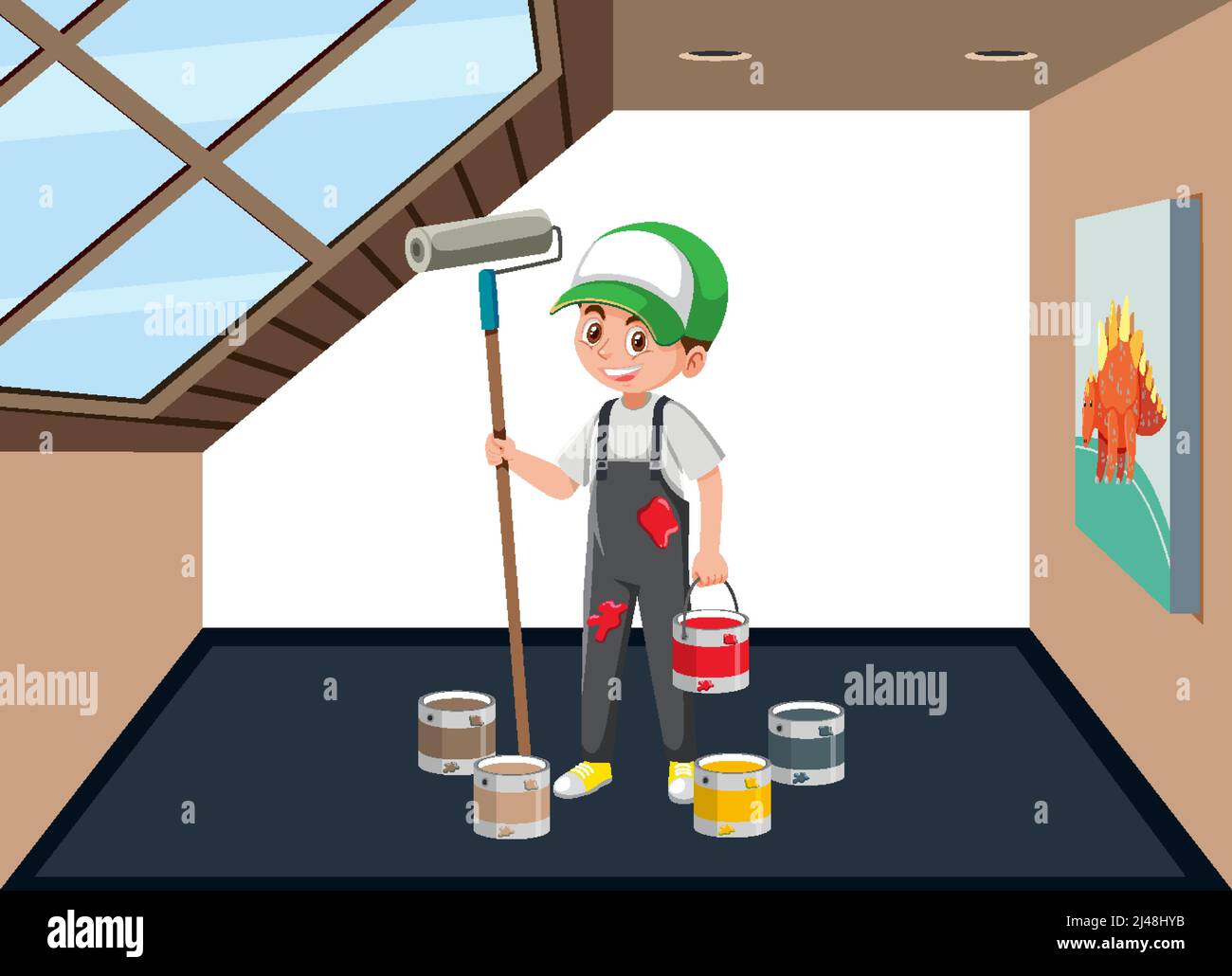 Painter with buckets of paint in the room illustration Stock Vector ...
