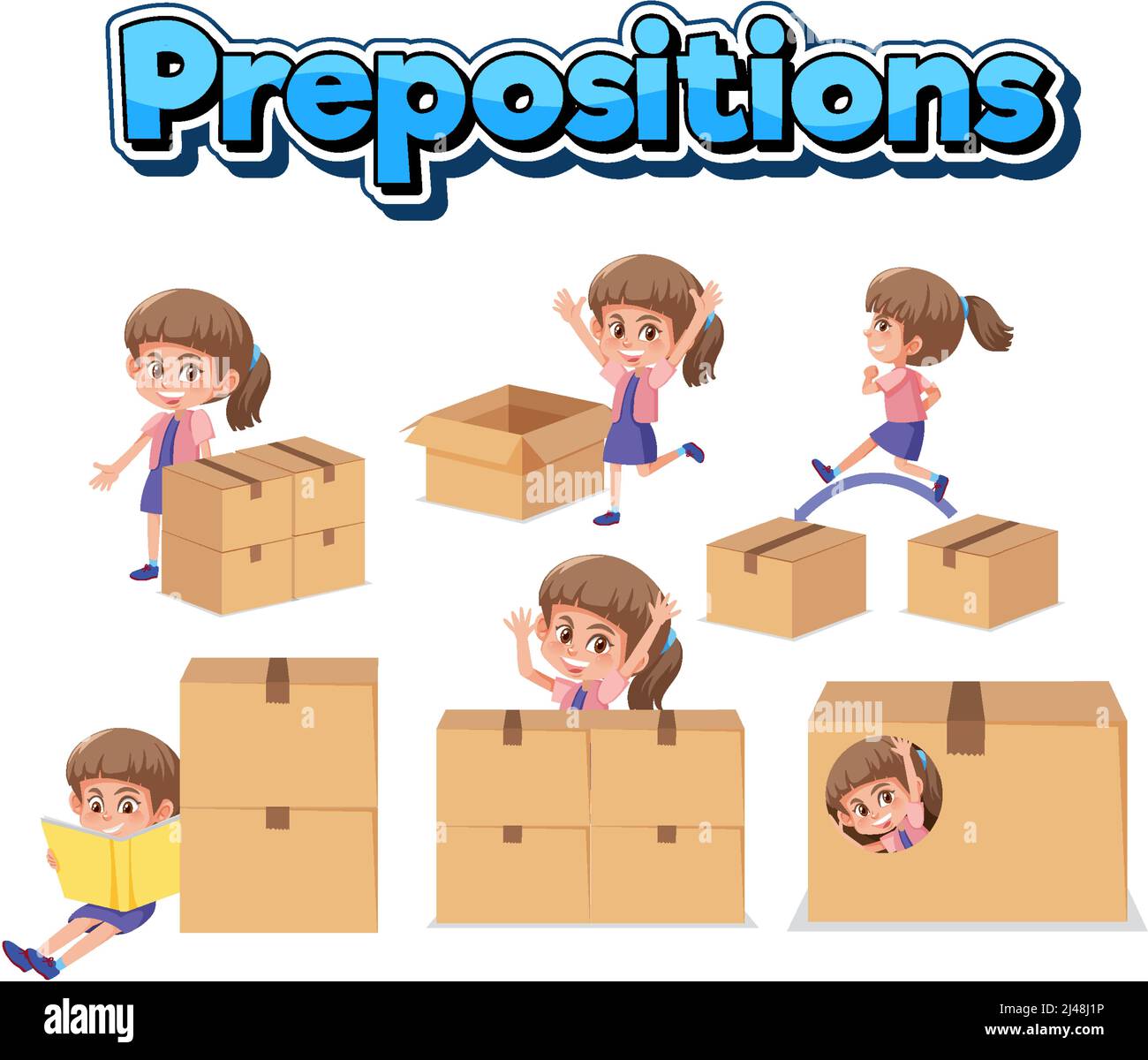 Prepostion wordcard design with girl and box illustration Stock Vector ...