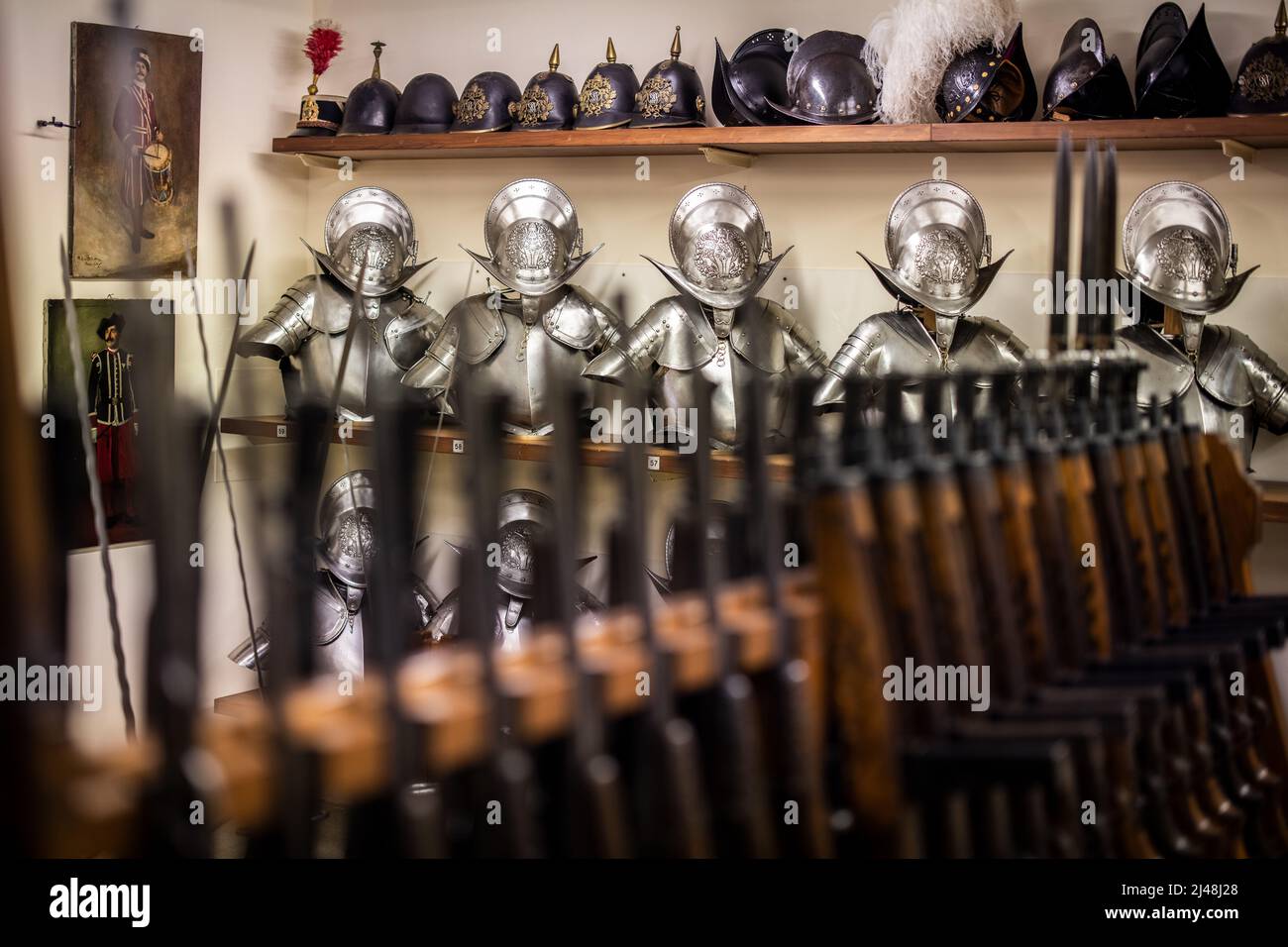 Rom, Italy. 09th Apr, 2022. Antique armor and weapons can be seen in ...