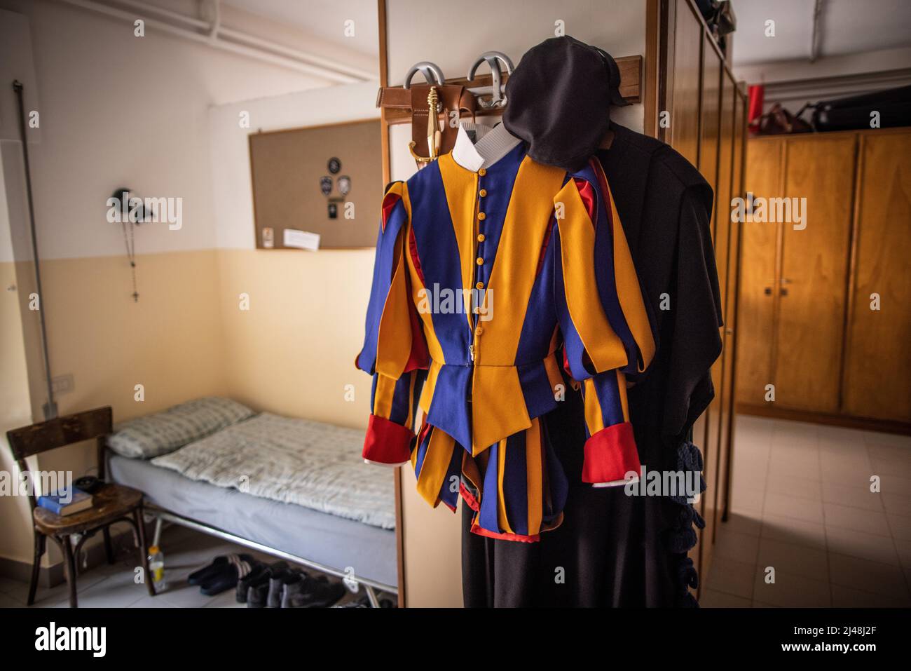 Rom, Italy. 09th Apr, 2022. The uniform of a Swiss Guardsman hangs in a ...