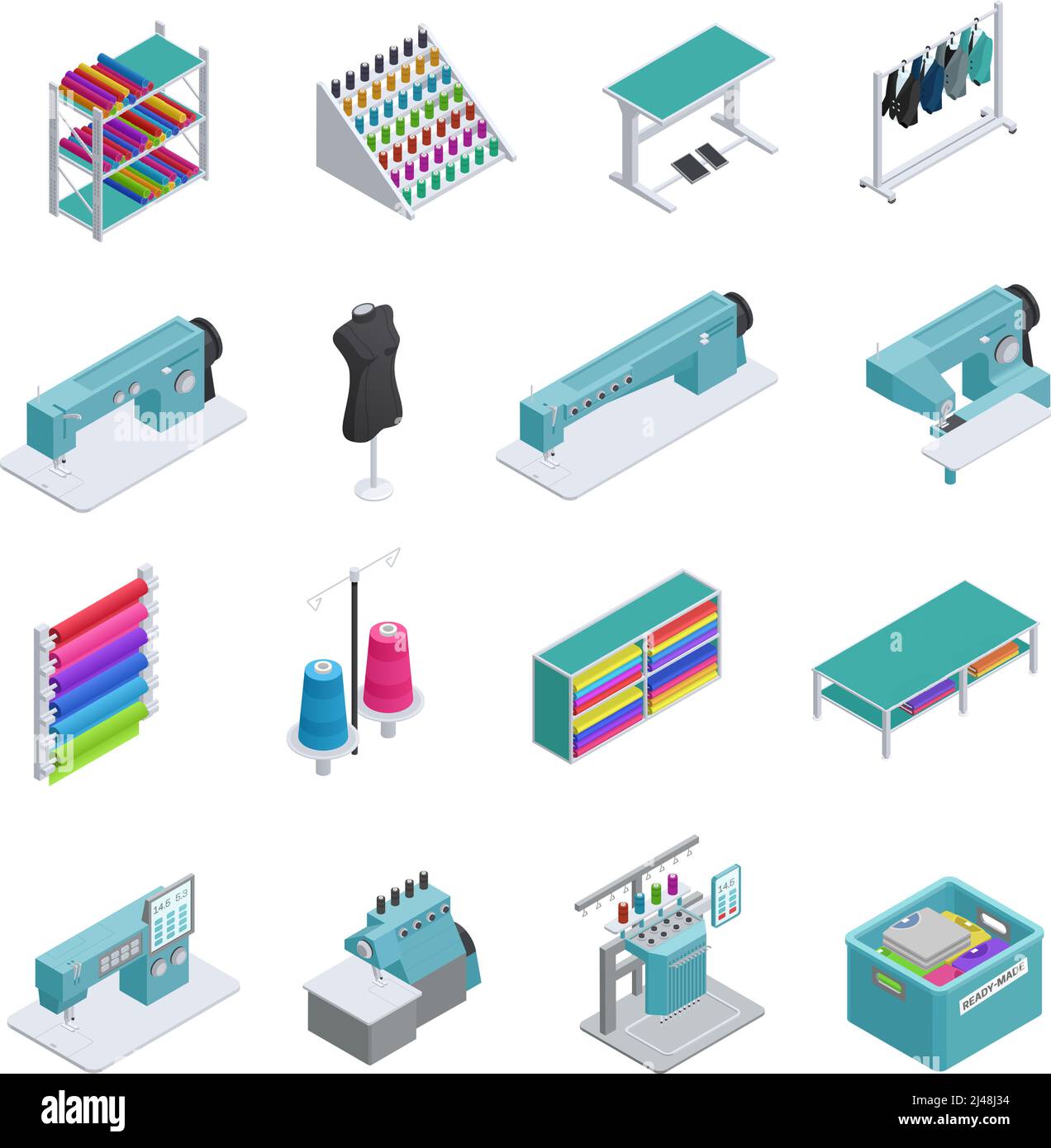 Colored and isolated garment factory isometric icon set machines sewing ...