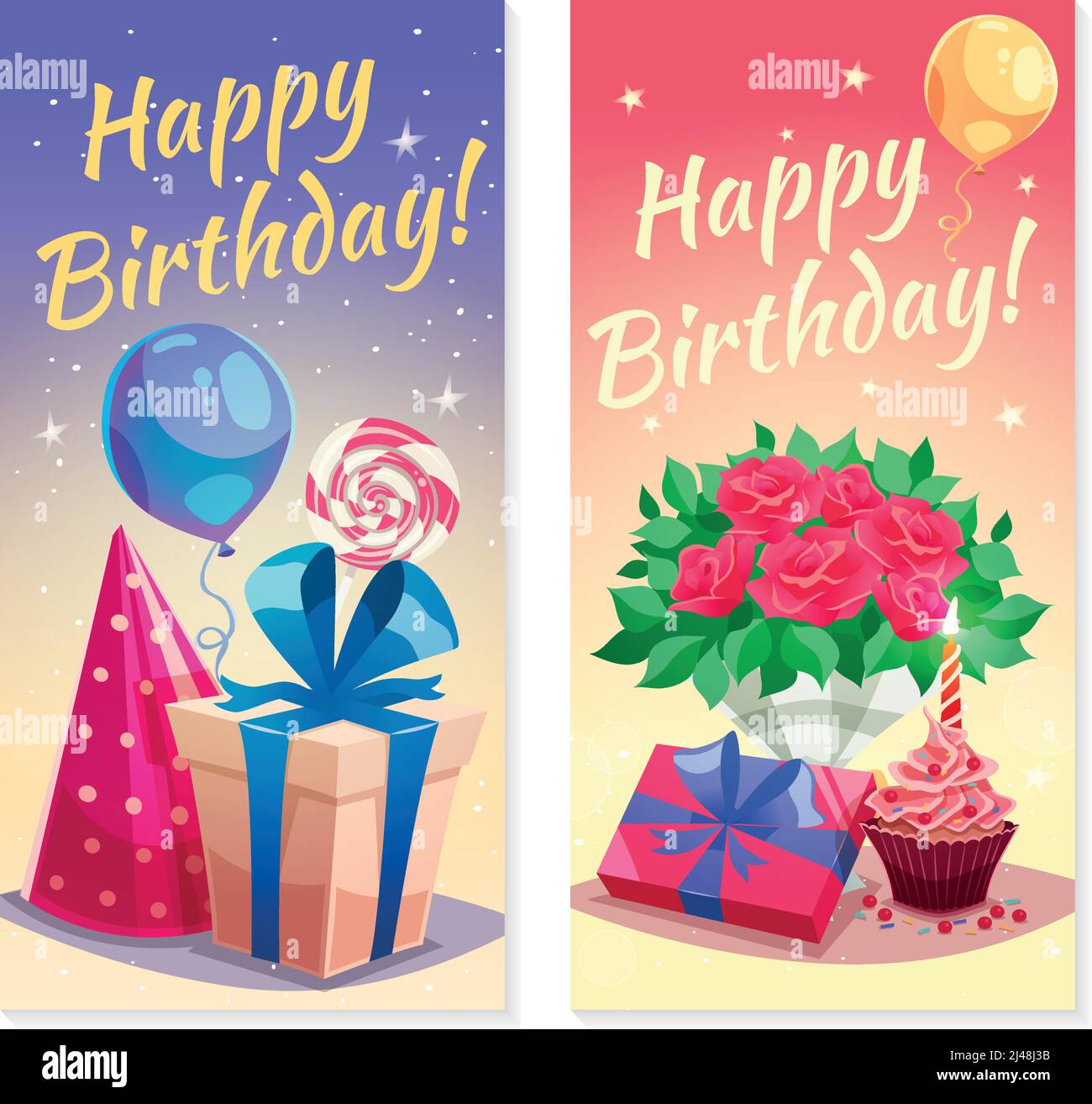 Birthday party vertical banners with air balloons bouquet of flowers ...