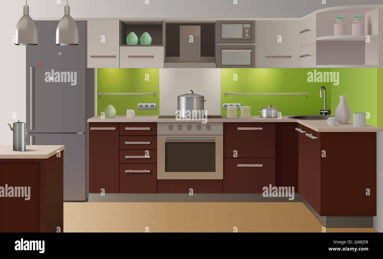 Colored kitchen interior fully equipped in modern style with green ...