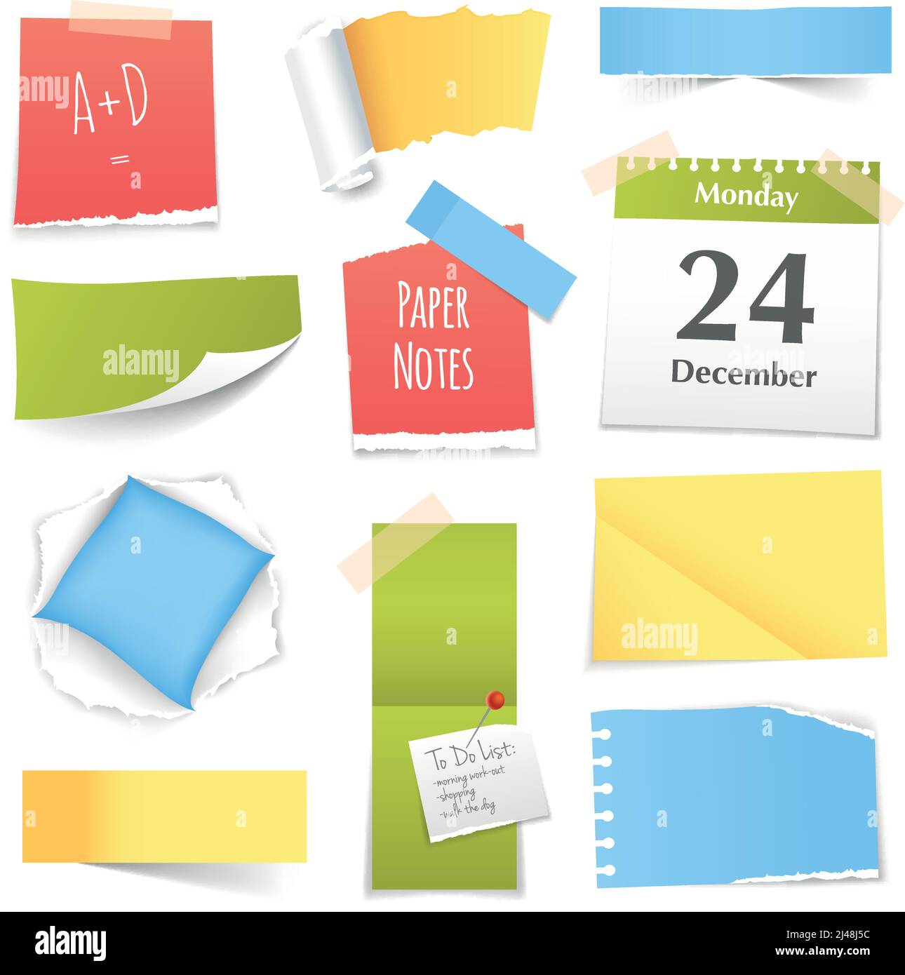 Colorful paper notes various shapes and sizes curled rolled bent and ...