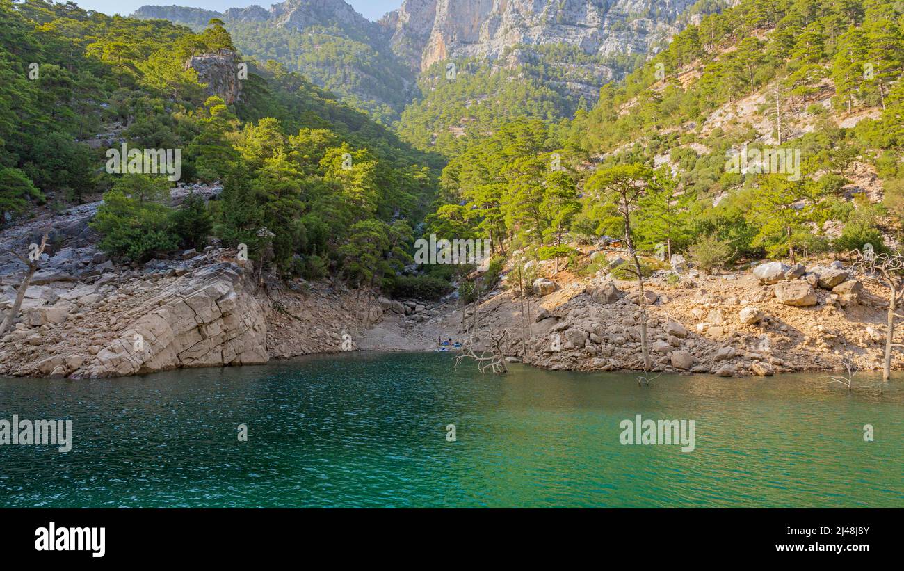 Backwater with green water and rocky shores in Green Canyon in Turkey ...