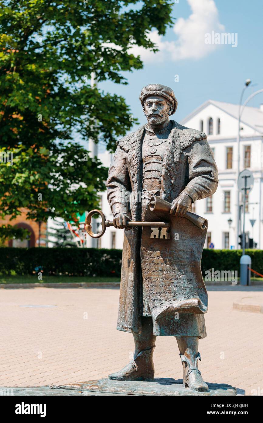 Minsk, Belarus - July 1, 2021: Statue of the Mayor with the key and a ...