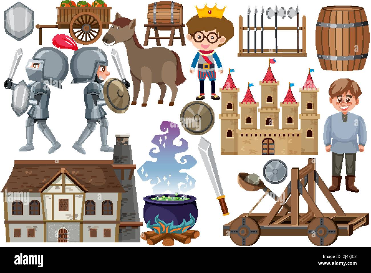 Medieval characters buildings set illustration Stock Vector Image & Art ...