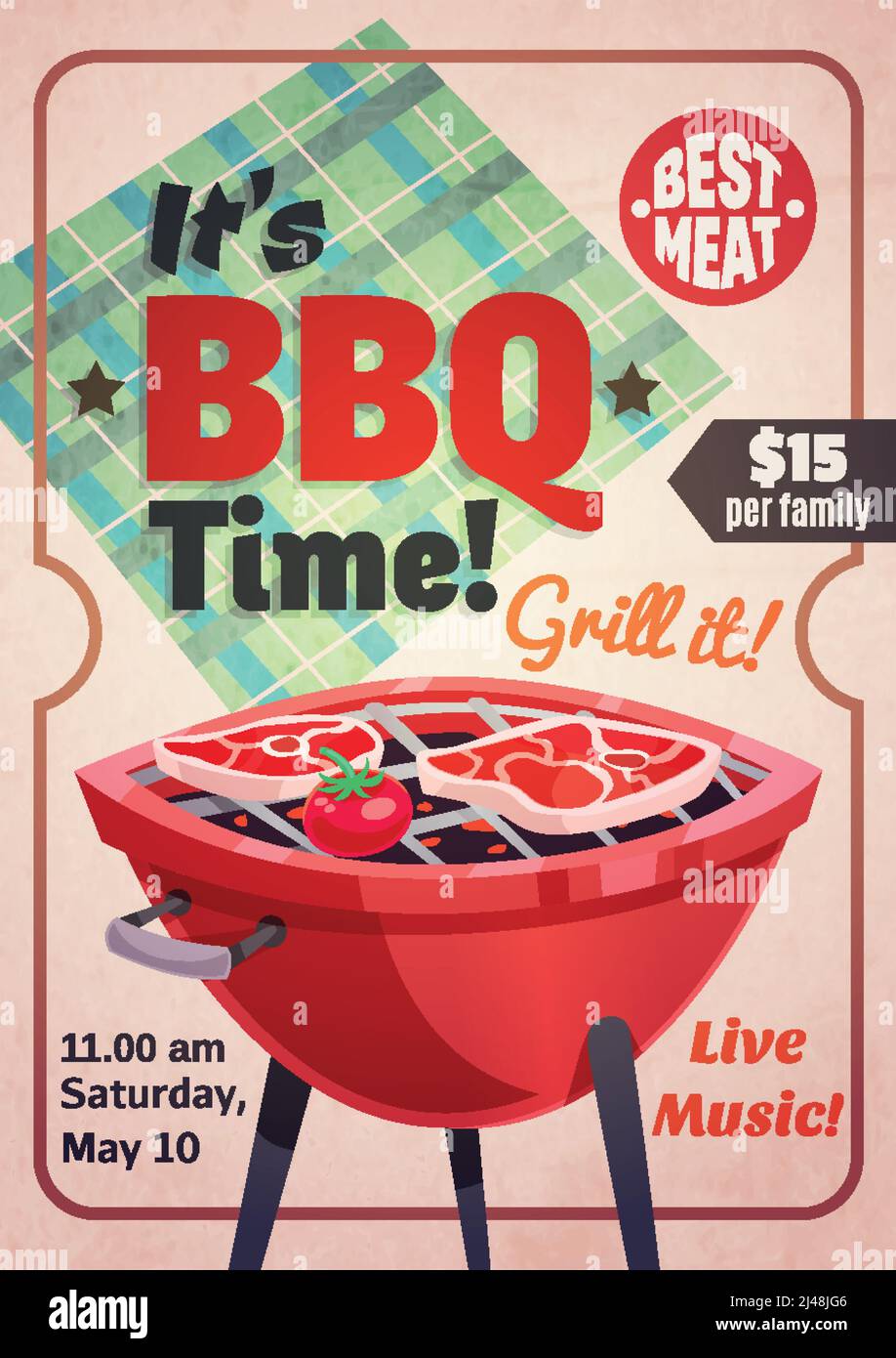 Bbq vertical poster with retro barbecue grill tomato and meat with ...