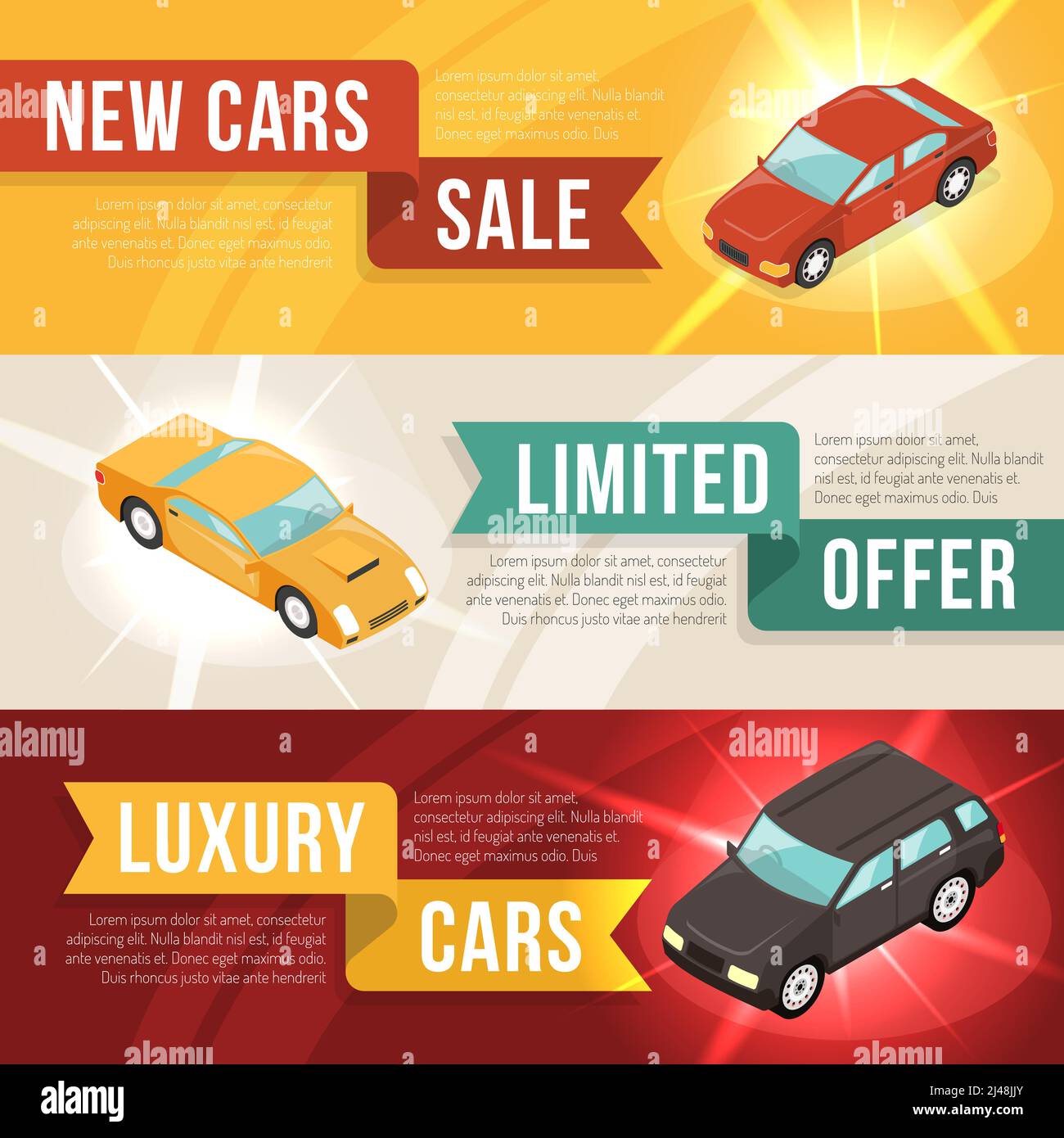 Three colored car dealership leasing horizontal banner set with new ...