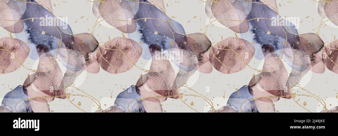Seamless watercolor abstract organic blob shape overlay with gold lines ...