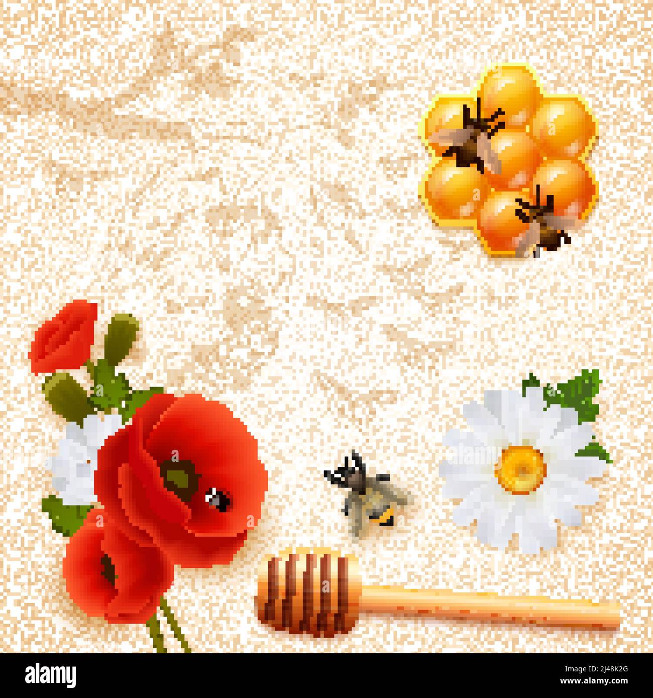 Colored honey composition with red flowers beehive honeycomb and flying ...