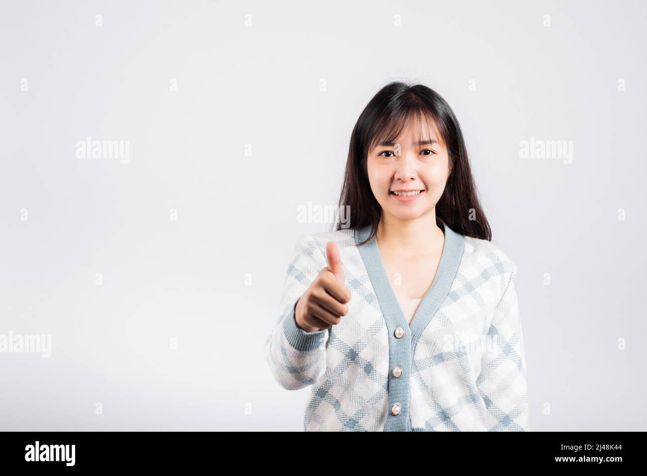 Happy woman smile showing finger thumbs up, Portrait Asian beautiful ...