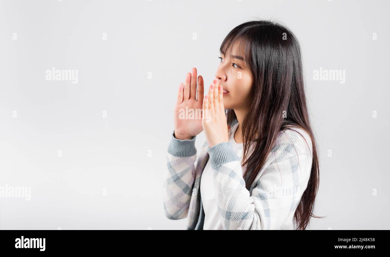 Happy woman hand on mouth talking whisper secret rumor, Asian beautiful ...