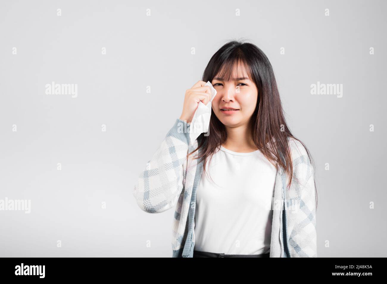 Unhappy woman bad mood her cry wipe mucus with tissue, beautiful young ...