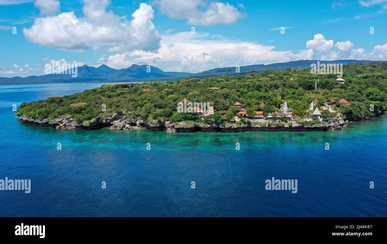 Drone view of a tropical Menjangan island and corral reef in the Indian ...