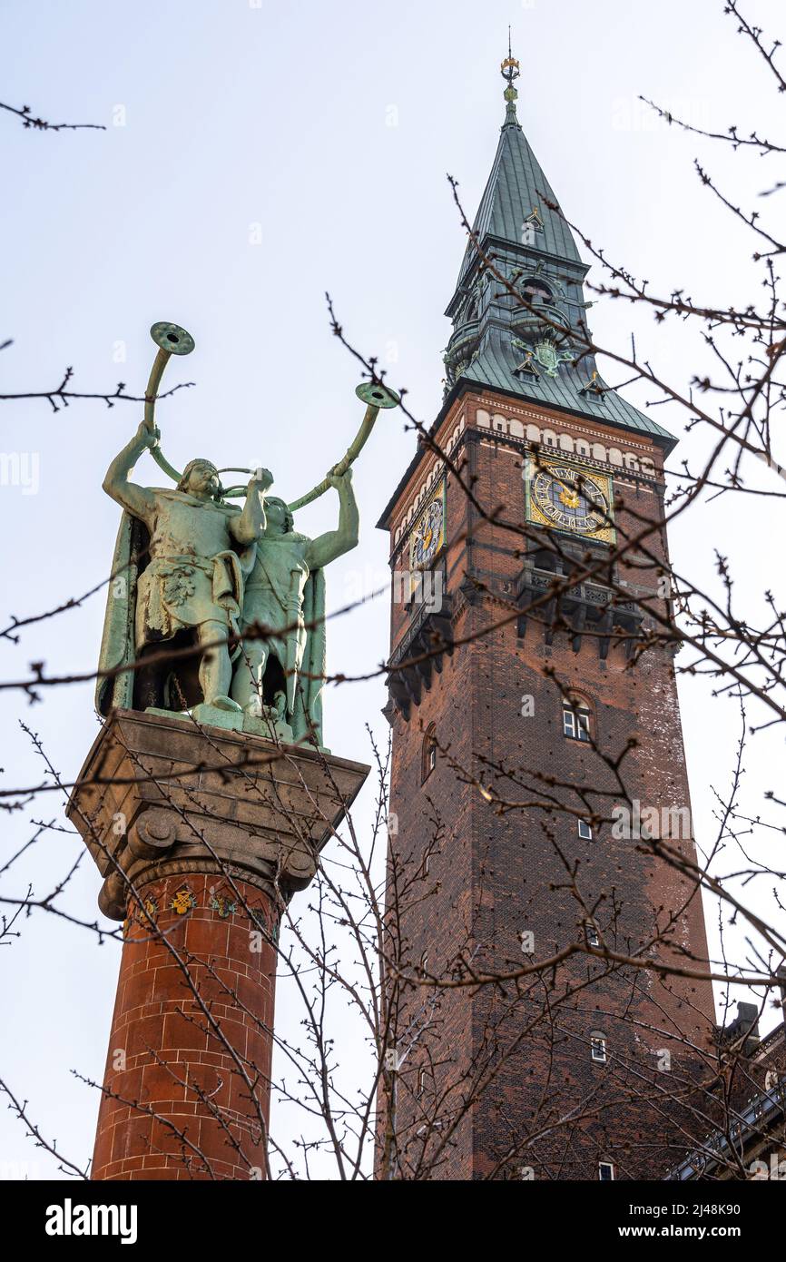 The Lur Blowers monument located near the Copenhagen City Hall. Bronze ...