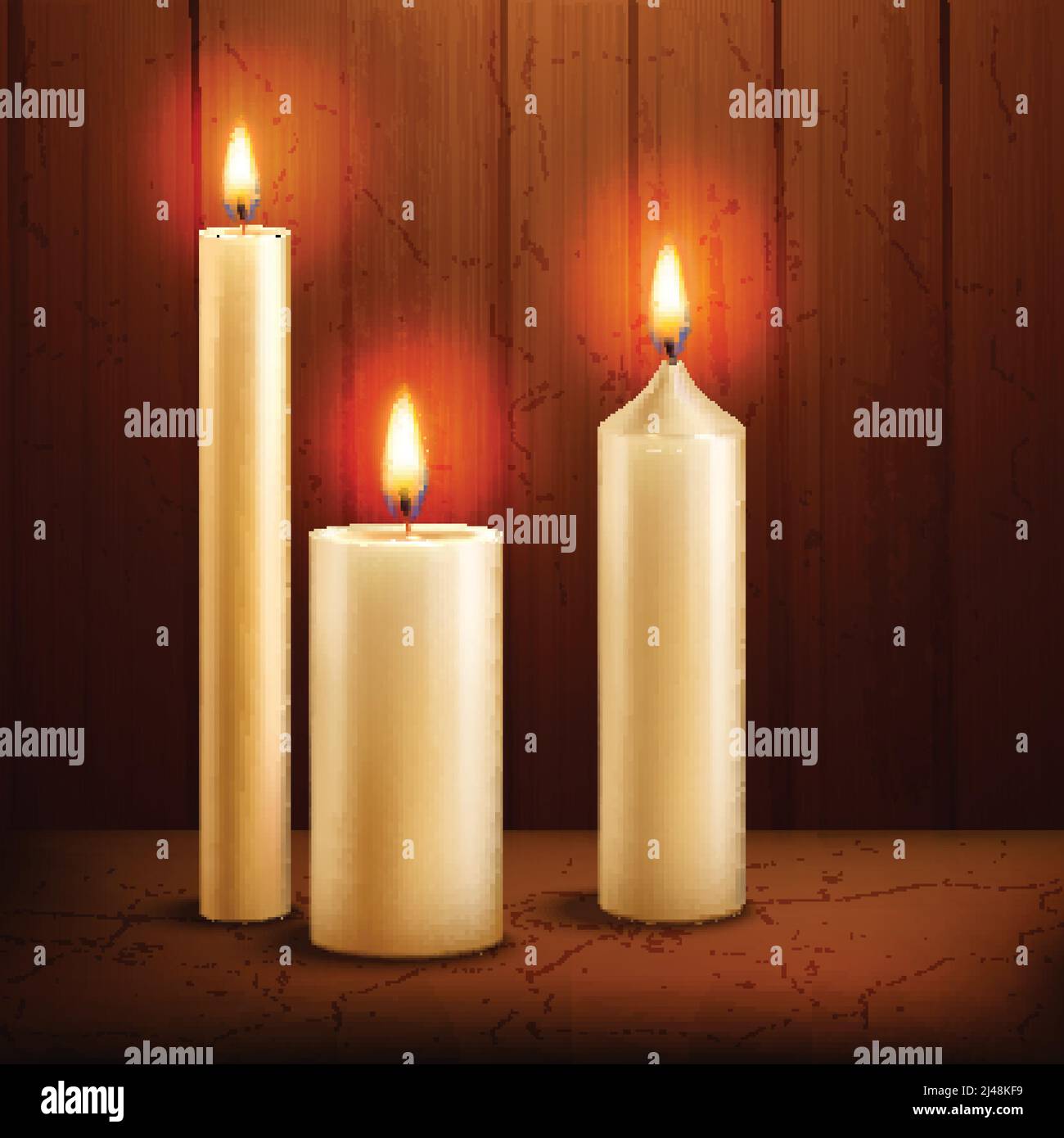 Three realistic burning wax candles on wooden texture background vector ...