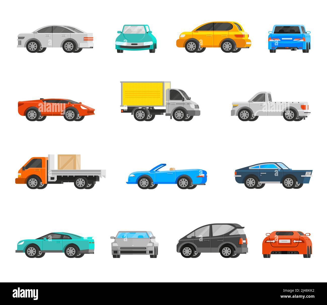 Vehicles orthogonal icons set with cars and trucks flat isolated vector ...