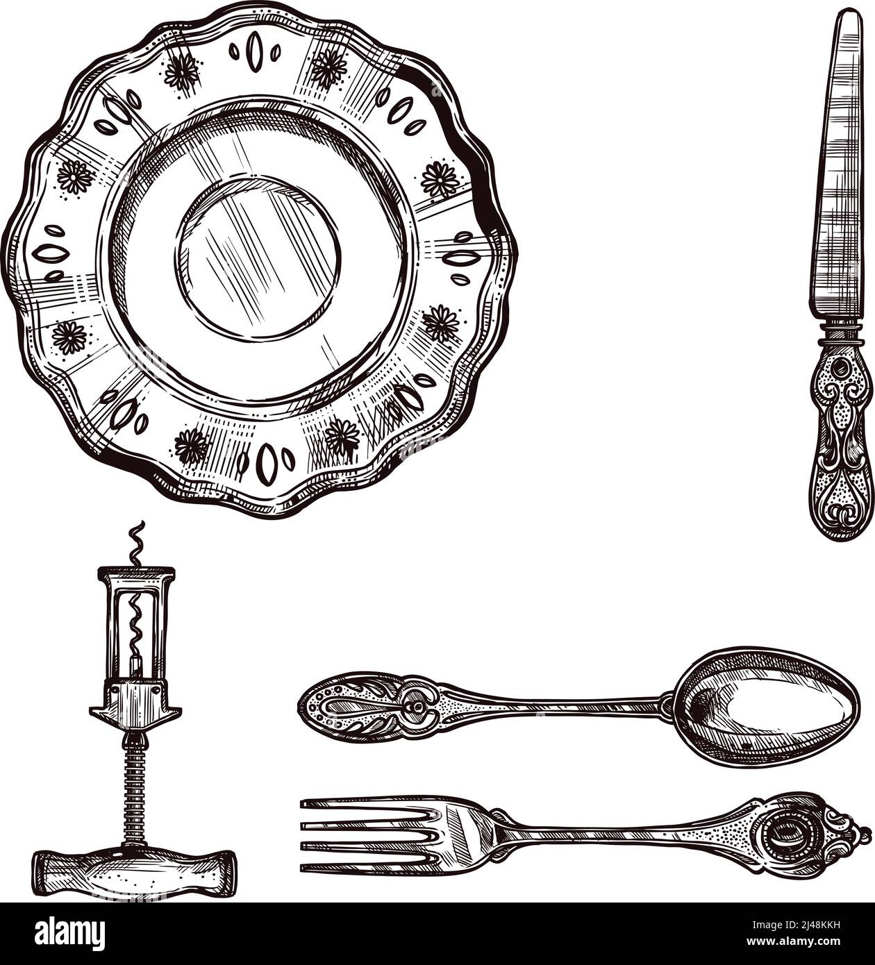 Hand drawn antique silver cutlery set with vintage spoon fork plate ...