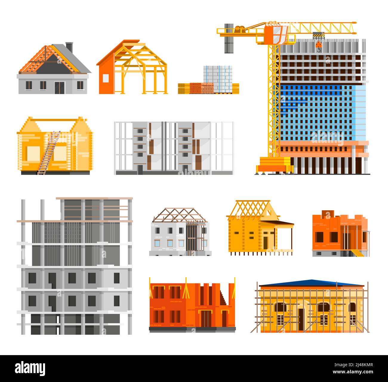 Construction orthogonal icons set with building a house symbols flat ...