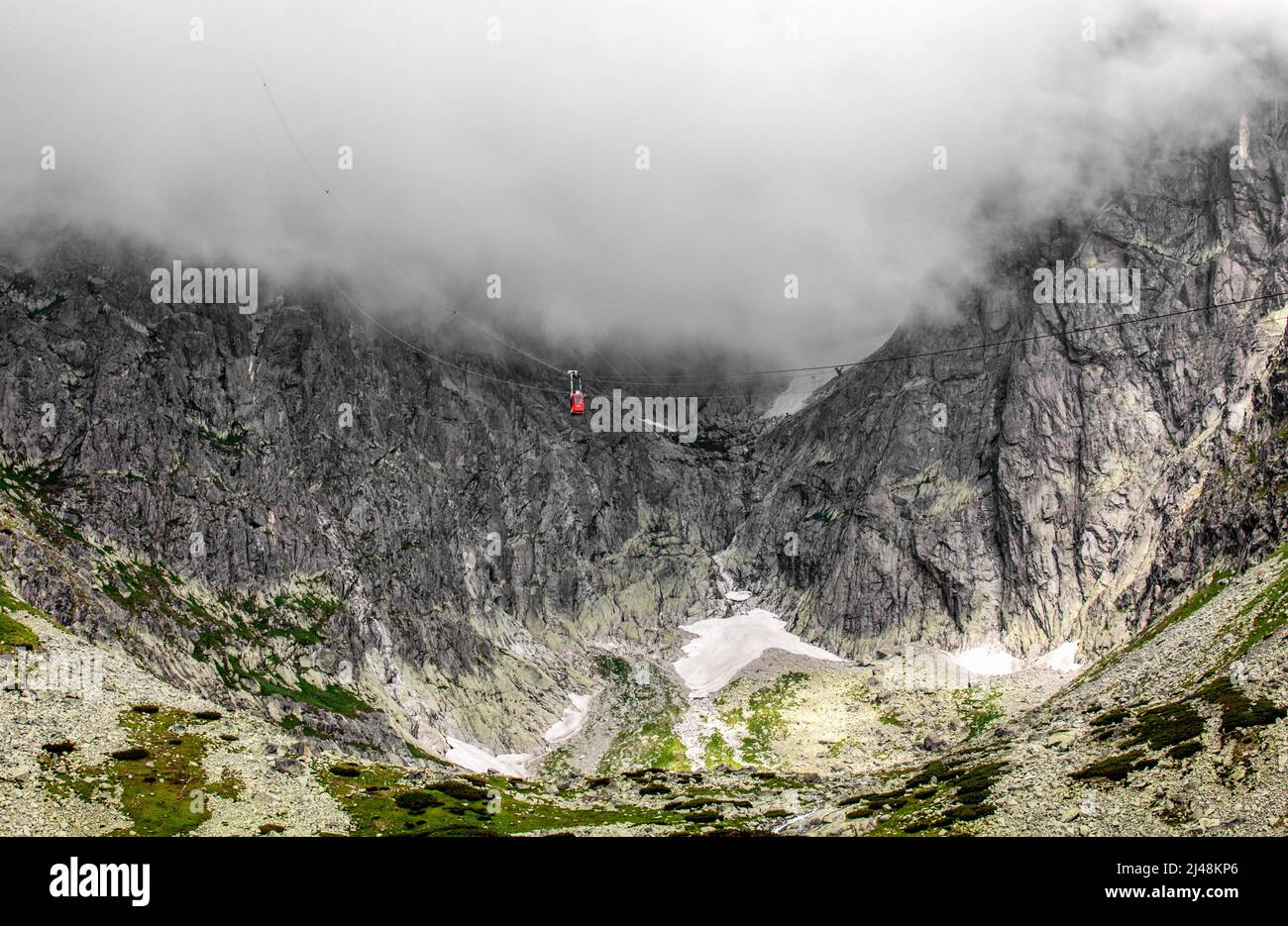 Dark clouds on hills and Gondola of ropeway to peak Lomnicky stit in ...