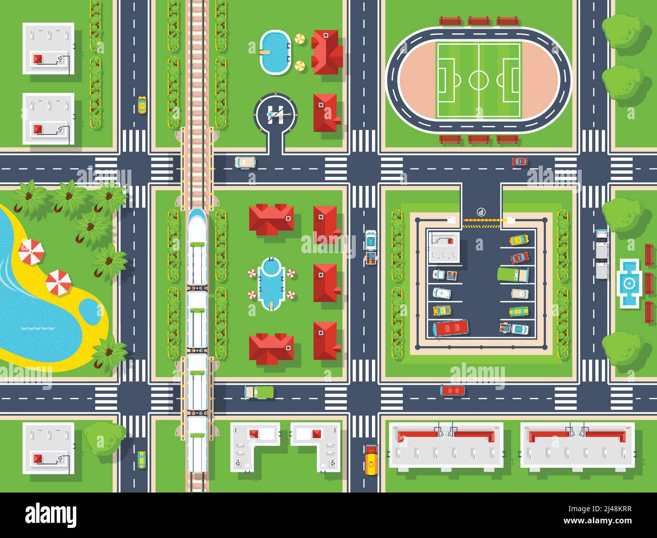City map top view poster with roads houses pool parking field and ...