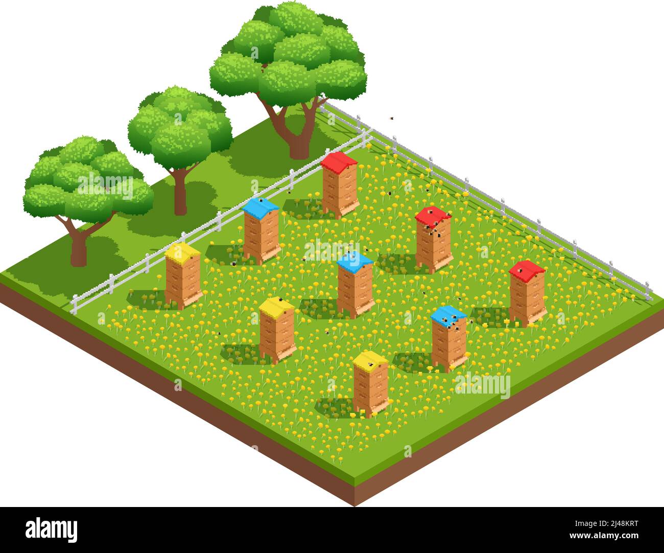 Beekeeping apiary with wooden hives on grass with flowers near trees ...