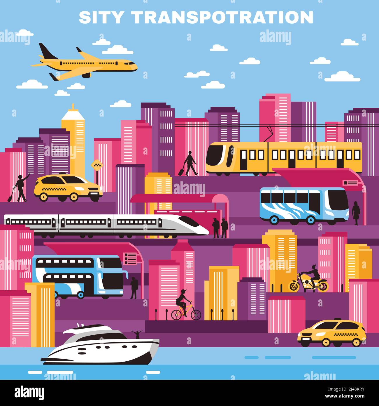 City background with skyscrapers and urban transport so as yellow cabs ...