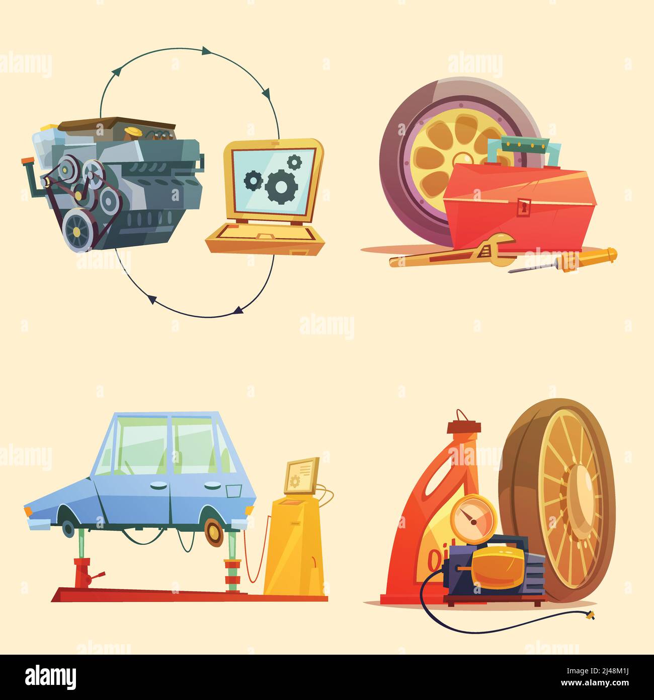 Auto service garage center for fixing cars and trucks 4 cartoon retro ...