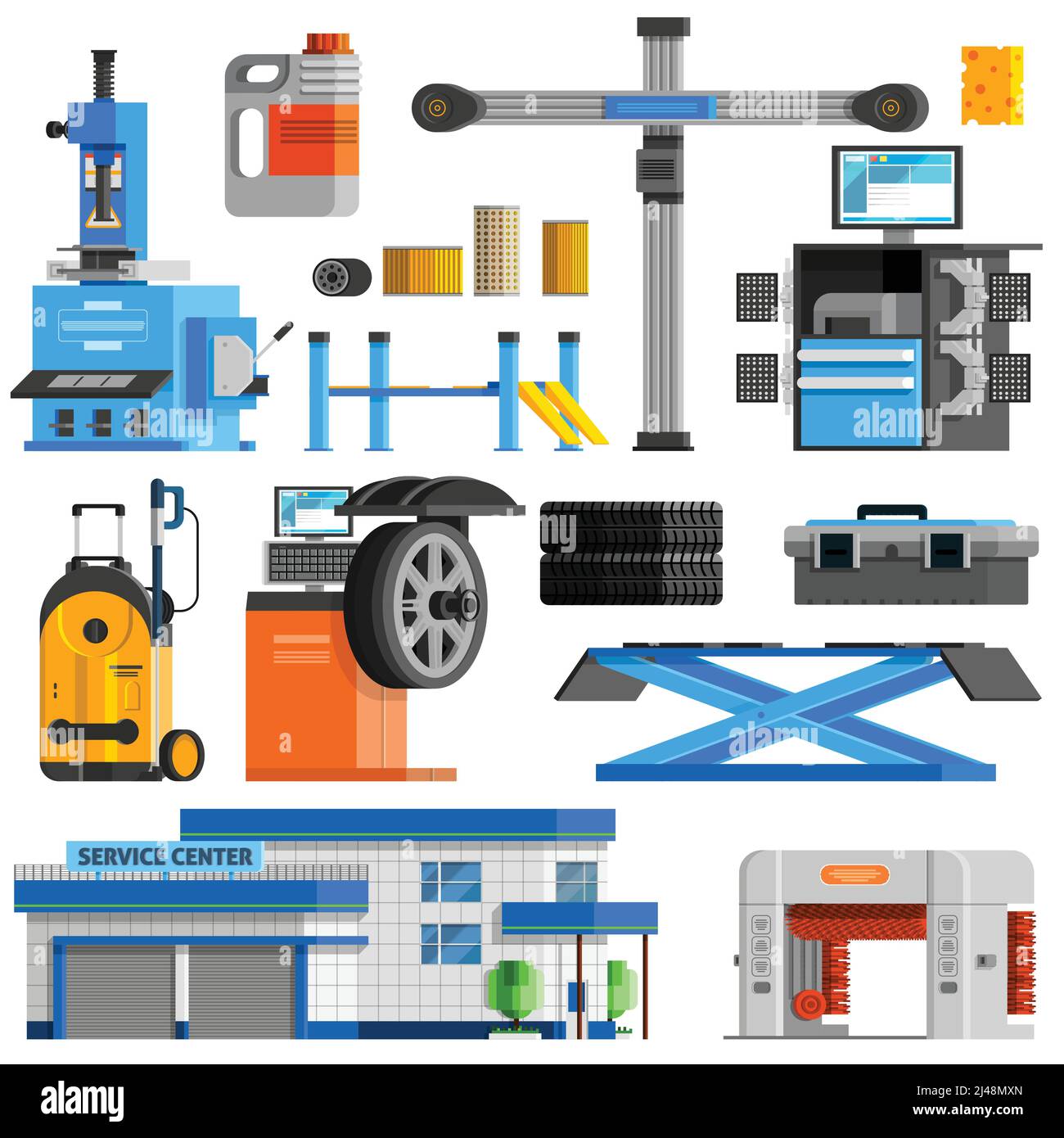 Auto service flat decorative icons set with equipment for repair computer diagnostics and ...