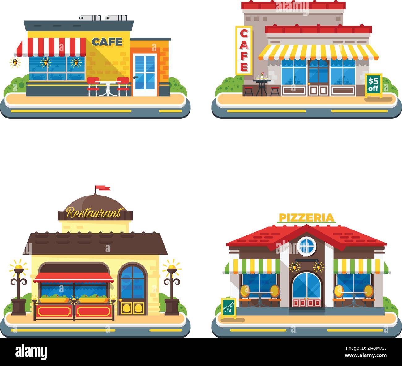 Colorful cafe restaurant and pizzeria buildings on white background 2x2 ...