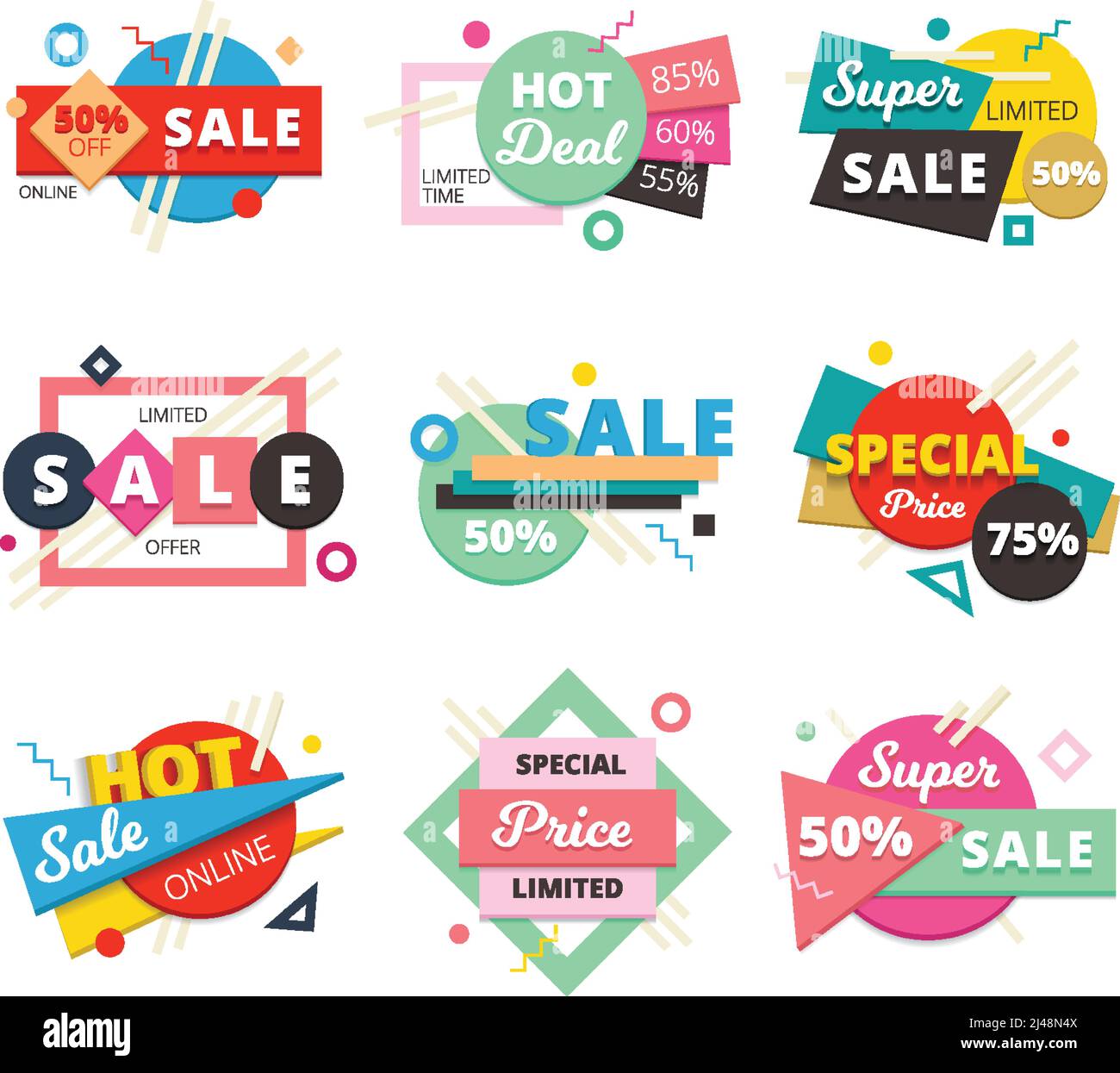 Colored and isolated sale material design geometric icon set with super ...
